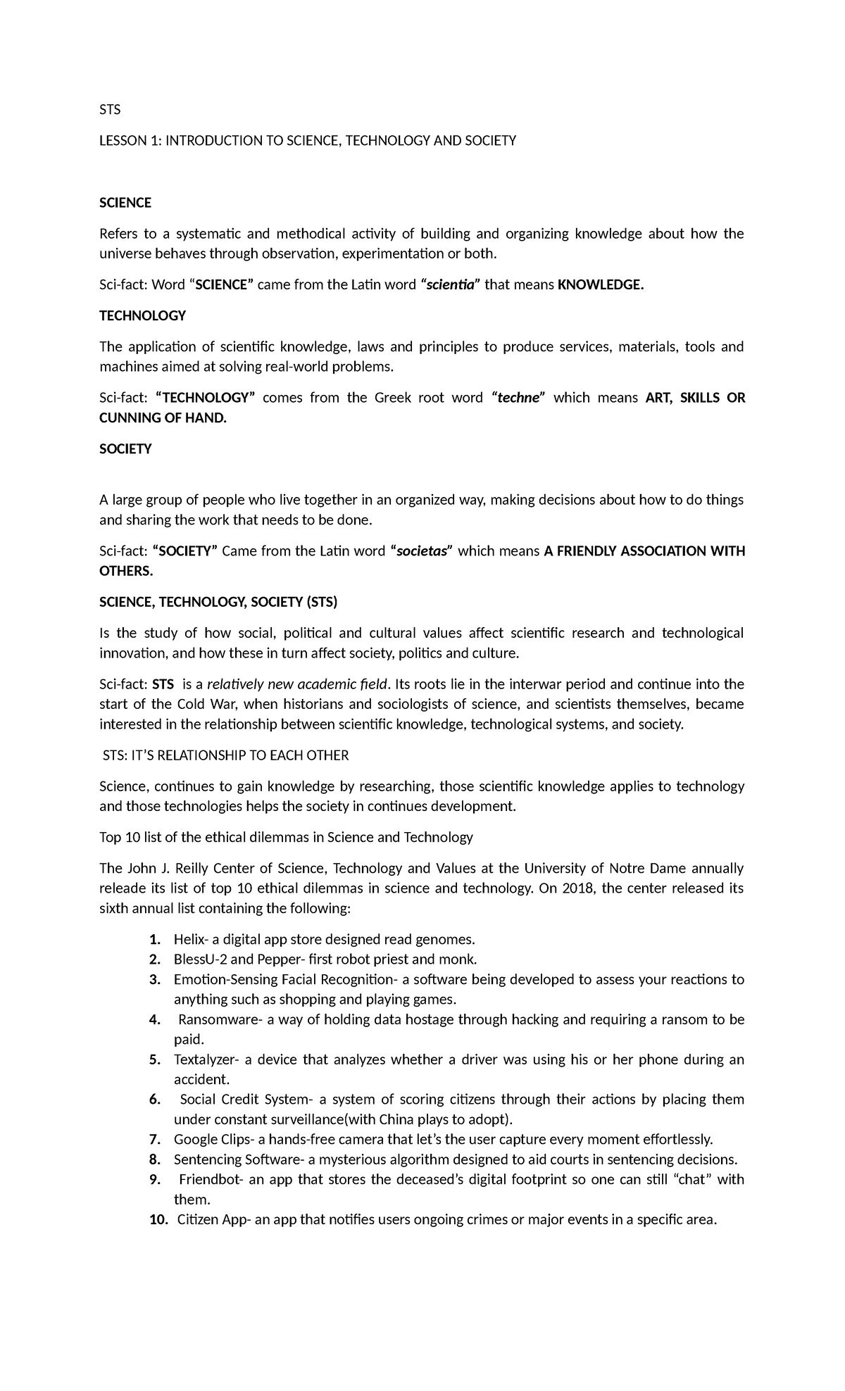 STS - none - STS LESSON 1: INTRODUCTION TO SCIENCE, TECHNOLOGY AND ...