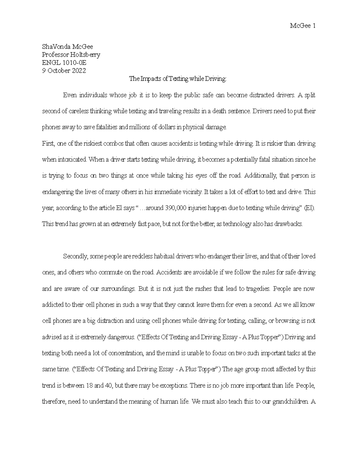 Texting While Driving Essay reasearch paper - ShaVonda McGee Professor ...