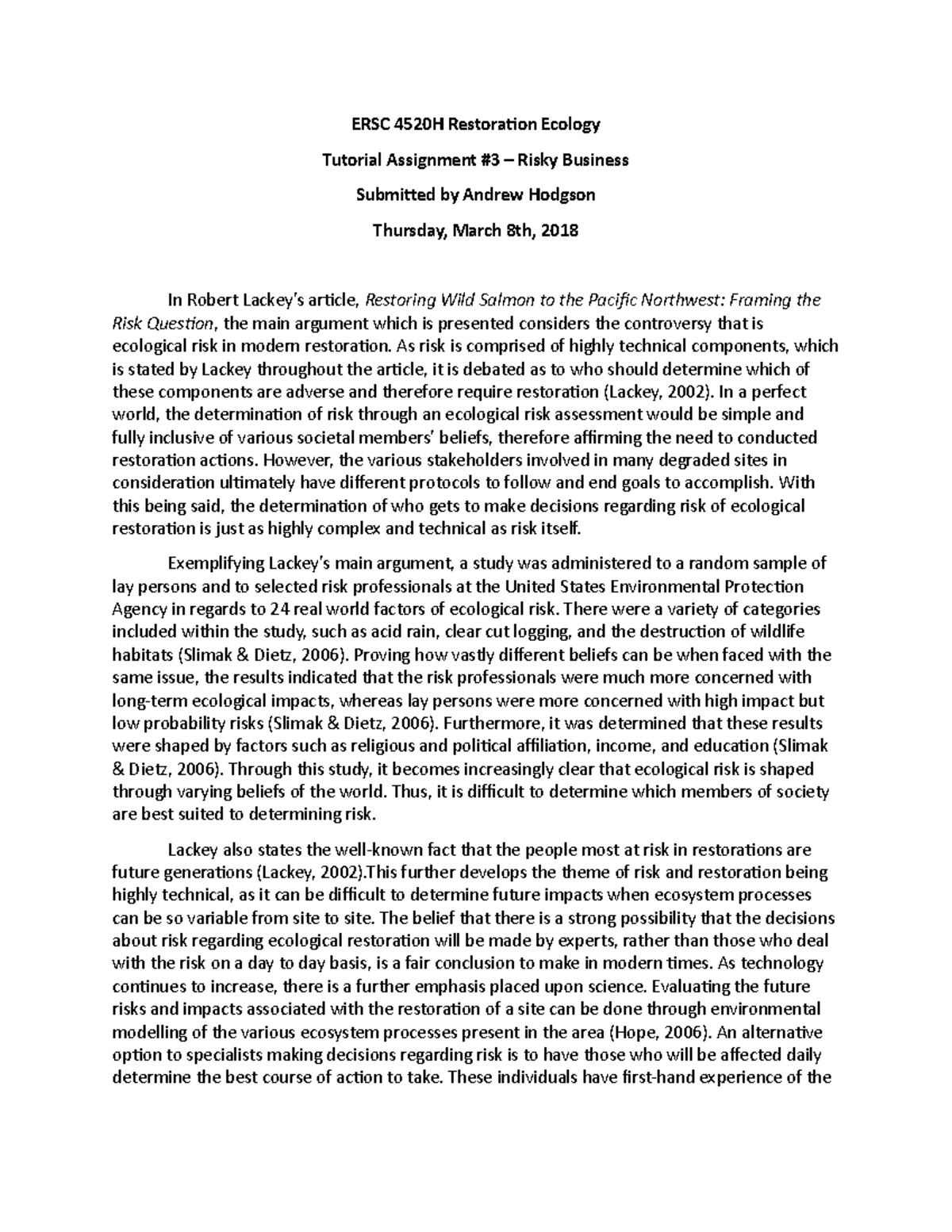 Restoration Ecology Assignment 3 - ERSC 4520H Restoration Ecology ...