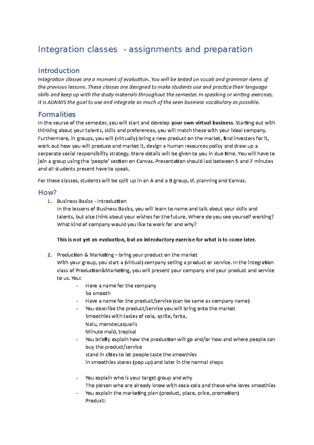 Overview assignments integration classes - Integration classes ...