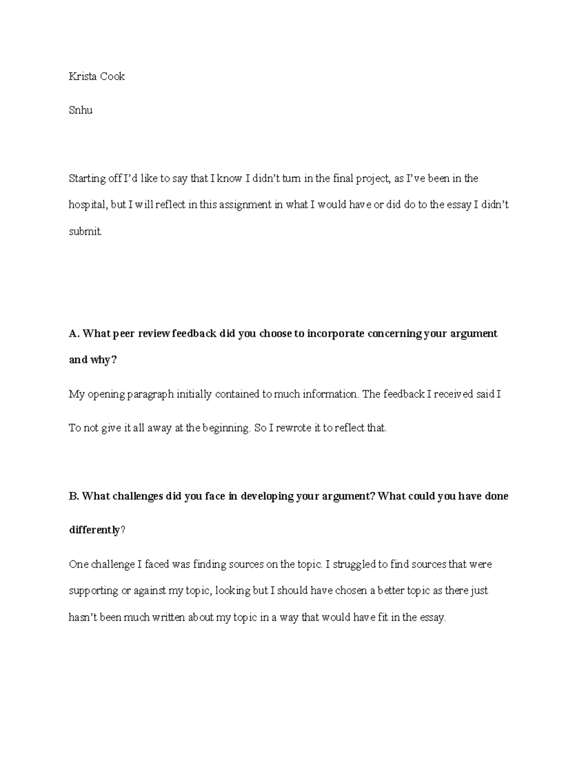 ENG 123 Reflection - eng 123 - Krista Cook Snhu Starting off I’d like ...