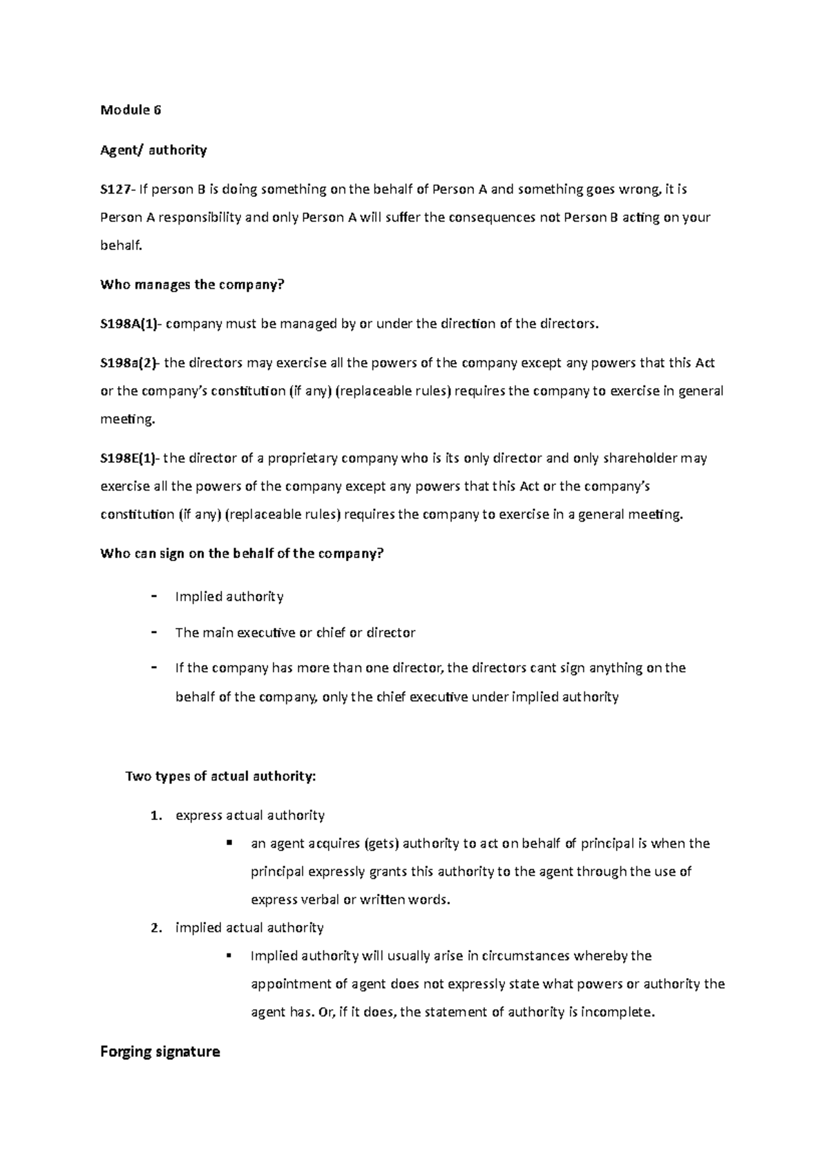 LOBO EXAM Notes Final - Module 6 Agent/ authority S127- If person B is ...