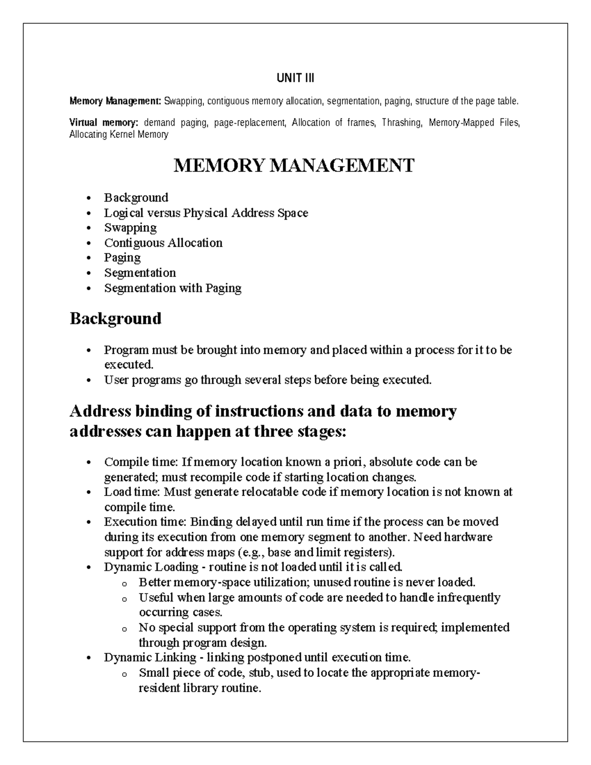 OS-UNIT-III - Notes - UNIT III Memory Management: Swapping, contiguous ...