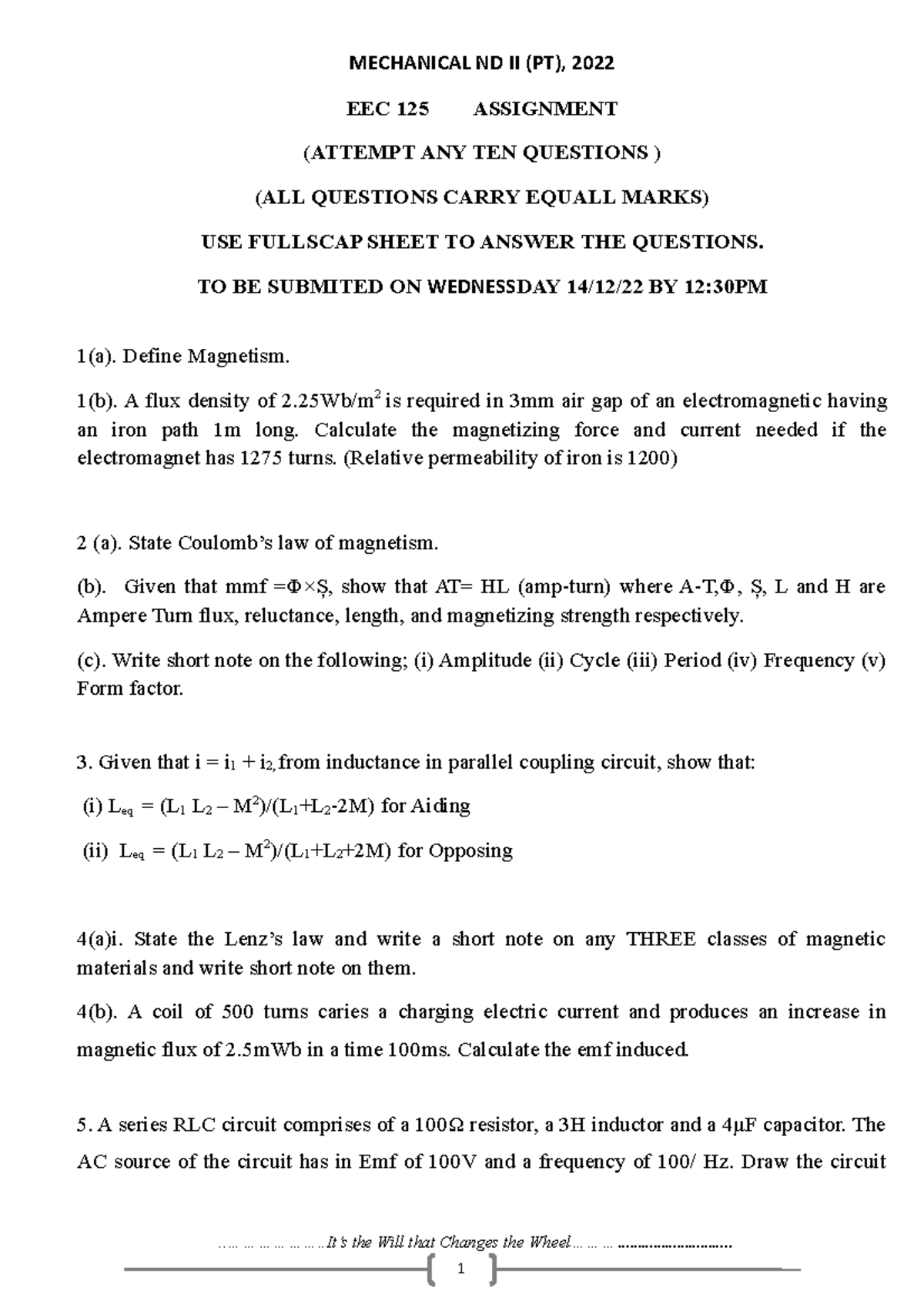 EEC 125 Assignment - MECHANICAL ND II (PT), 2022 EEC 125 ASSIGNMENT ...