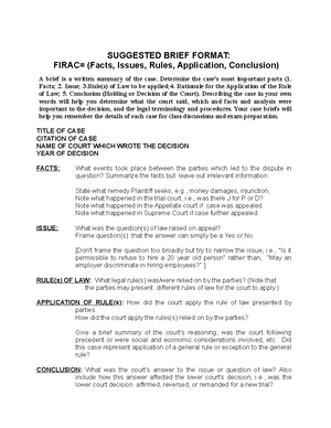 How to Brief-Sample Brief - SUGGESTED BRIEF FORMAT: FIRAC= (Facts, Issues, Rules, Application ...