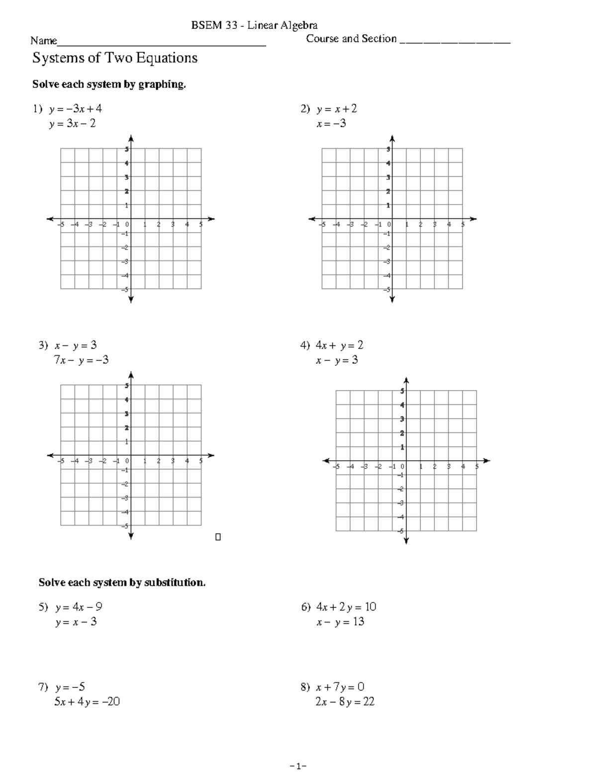 Systems of Two Equations - BSEM 33 - Linear Algebra Name Systems of Two ...