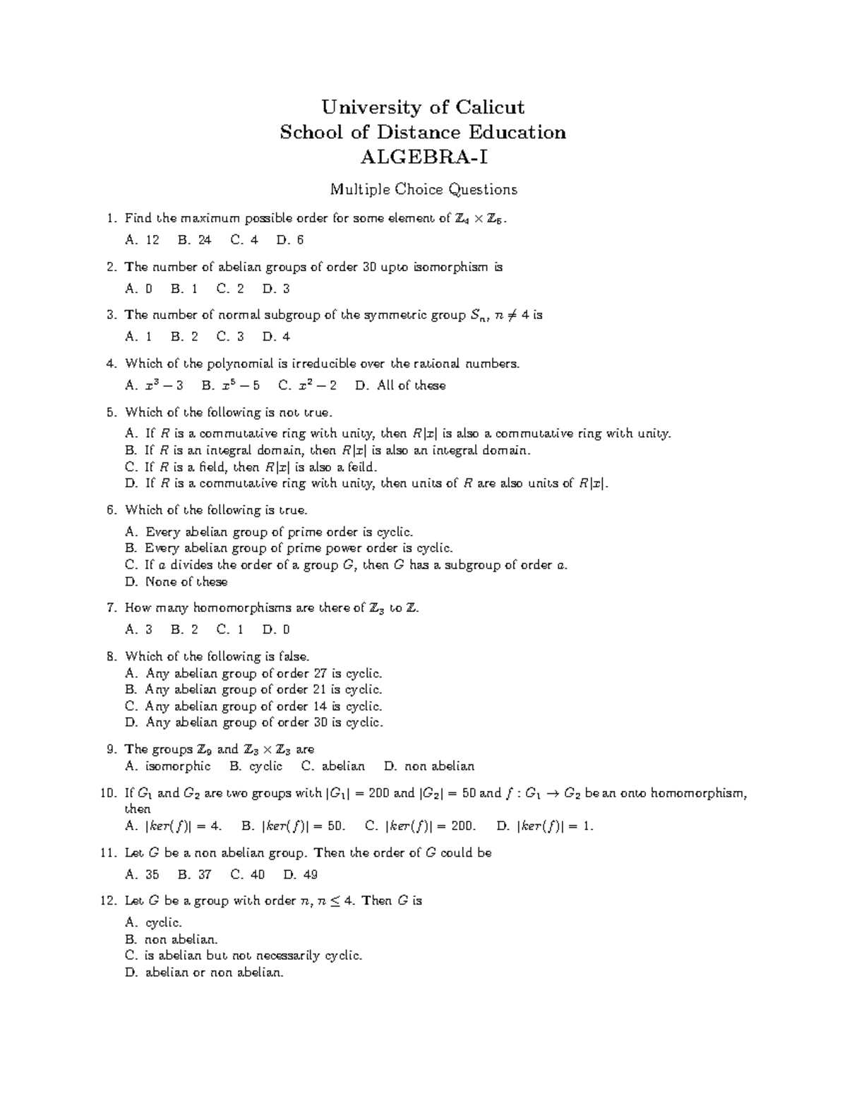 Algebra-I MCQ 2 - Question bank - University of Calicut School of ...