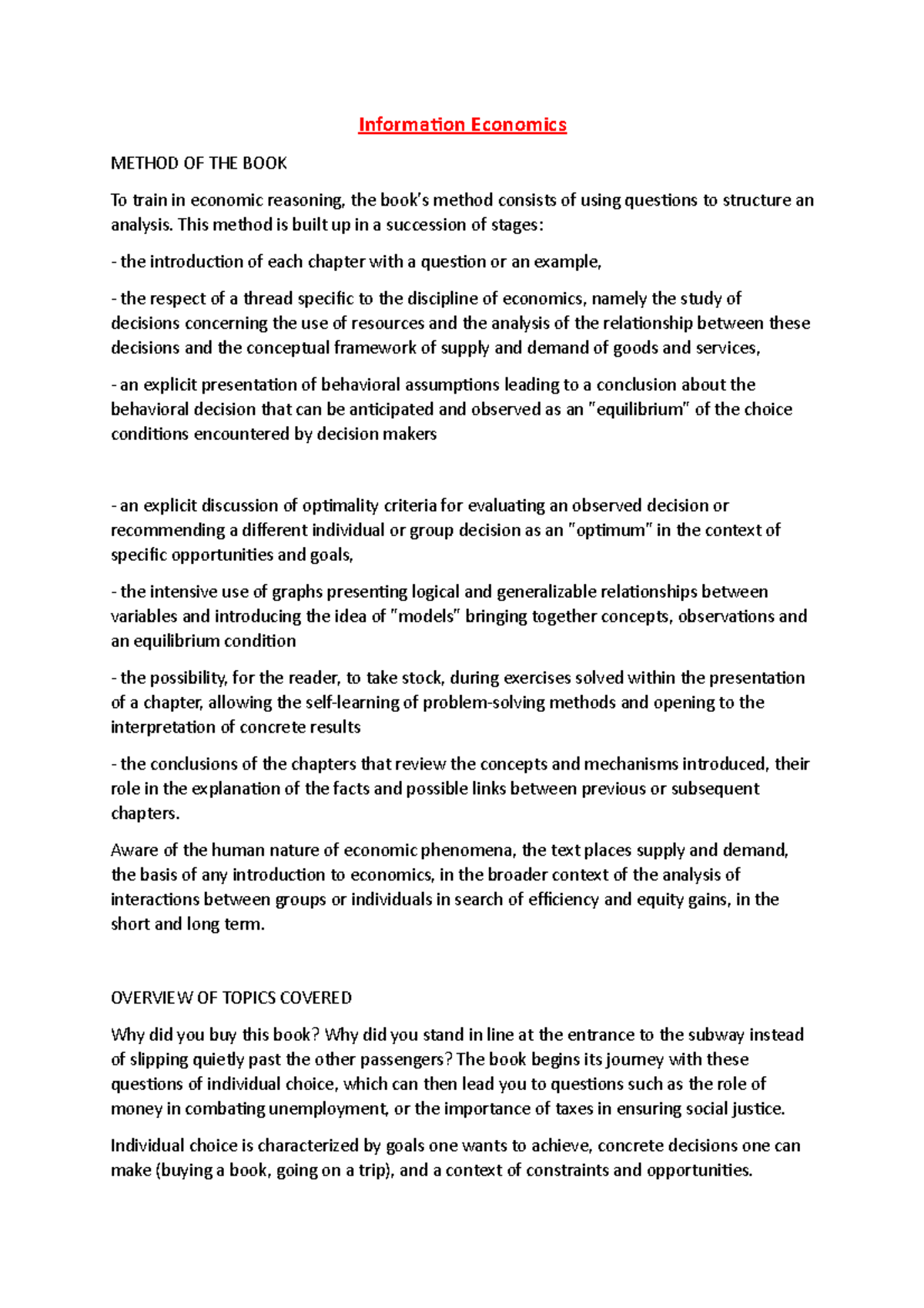 Information Economics 4 - Information Economics METHOD OF THE BOOK To ...