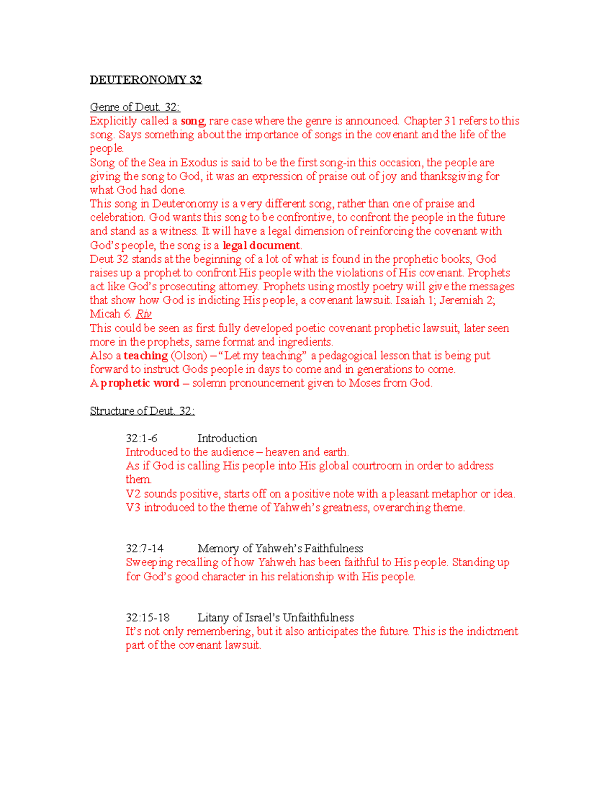 Deut. 32 Lesson Outline - DEUTERONOMY 32 Genre of Deut. 32: Explicitly ...