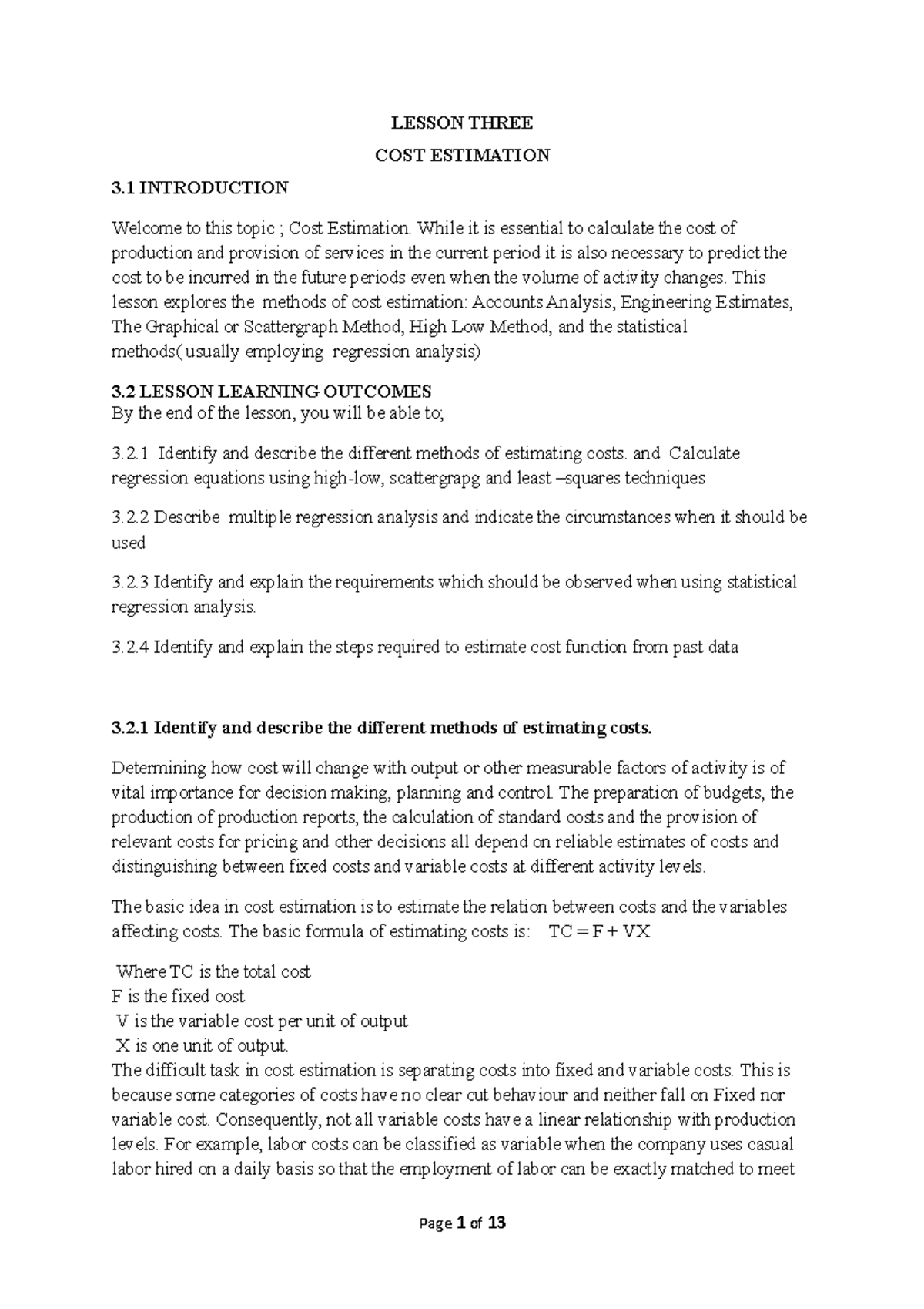 ABBE 2131 Lesson Three - Introduction - LESSON THREE COST ESTIMATION 3 INTRODUCTION Welcome to ...