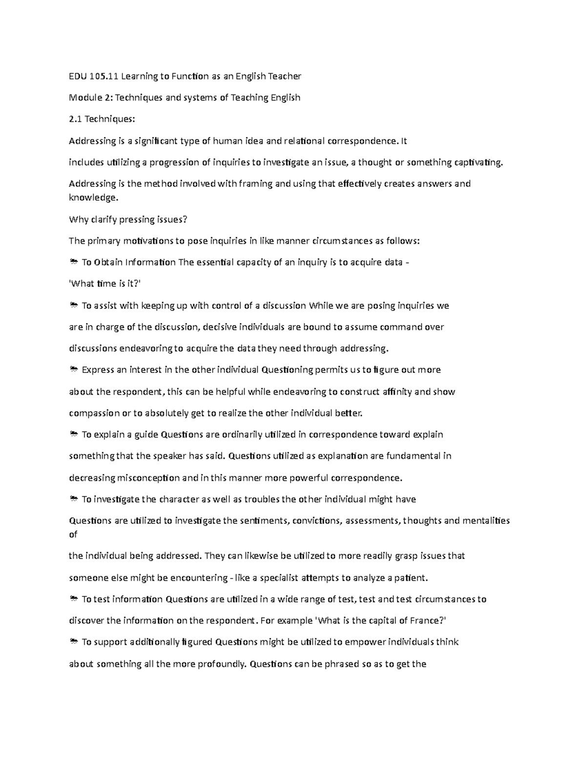 Module 2 notes - EDU 105 Learning to Function as an English Teacher ...