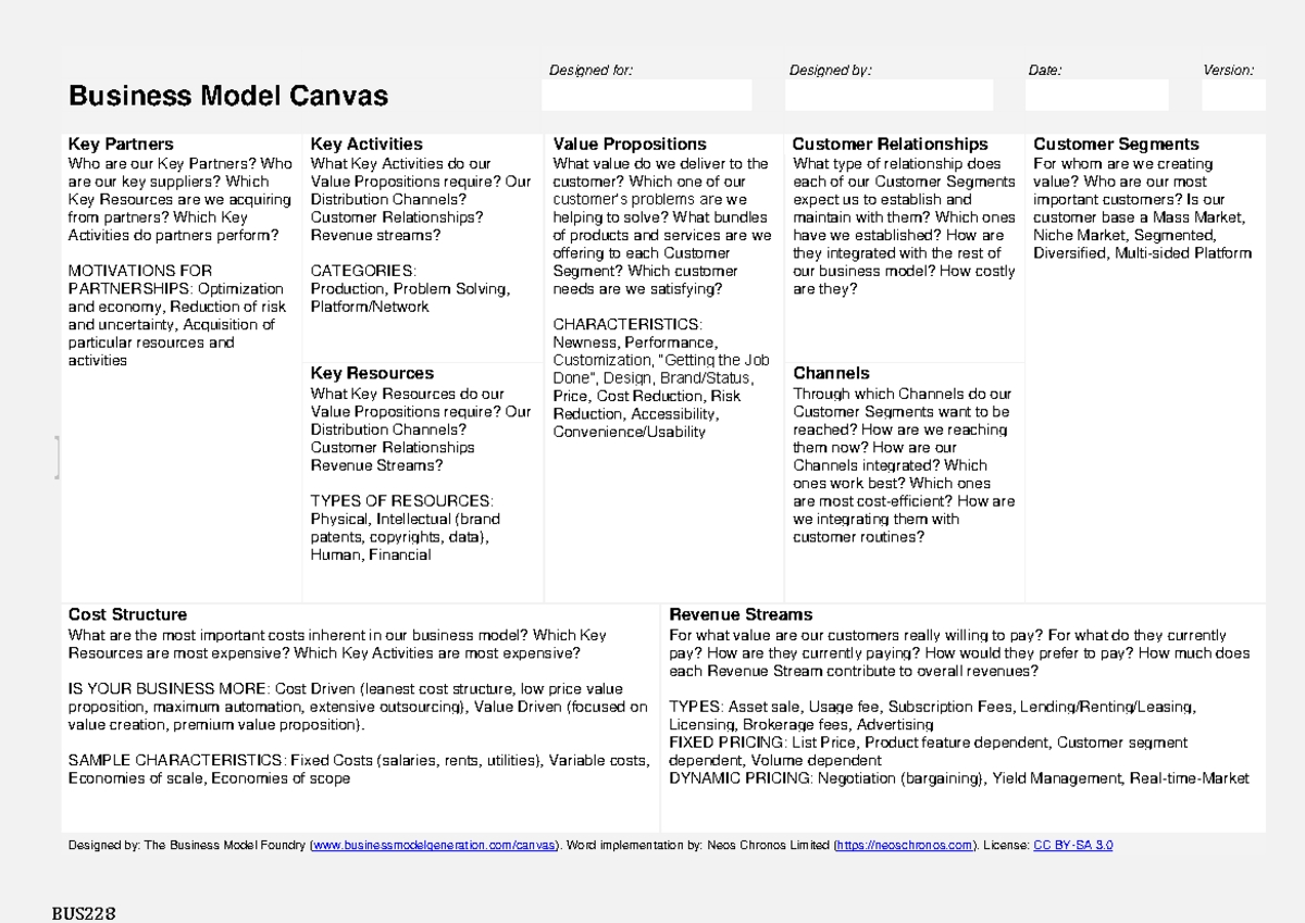BUS228 Business Model Canvas Template - BUS Designed for: Designed by ...