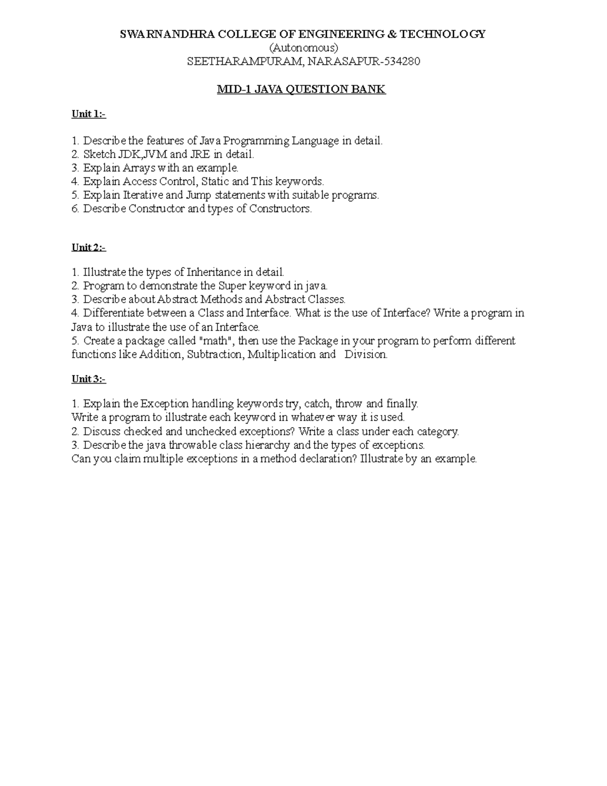 Java Mid-1 Question Bank R20 - SWARNANDHRA COLLEGE OF ENGINEERING ...