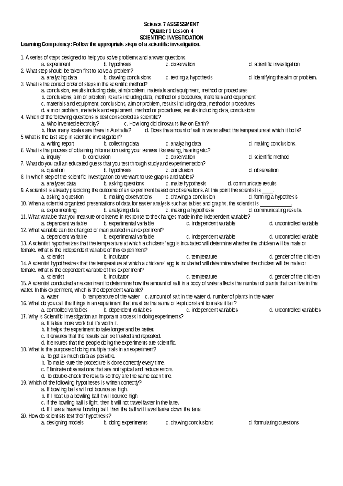 Quarter 1 Lesson 4 Assessment - Science 7 ASSESSMENT Quarter 1 Lesson 4 ...