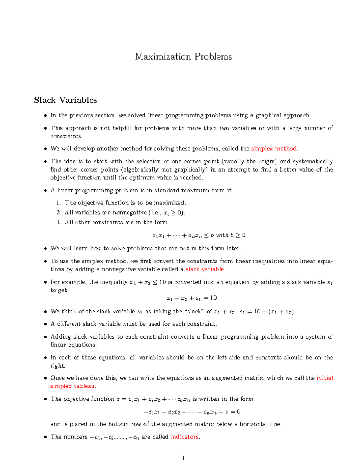 71 72 Notes Maximization Problems Maximization Problems Slack Variables In The Previous 
