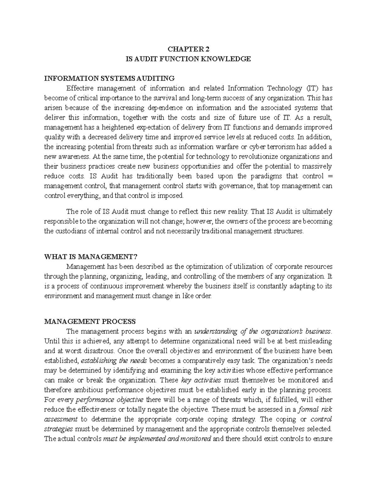 CIS 2 - Auditing in a CIS Environment Summaries - CHAPTER 2 IS AUDIT FUNCTION KNOWLEDGE ...