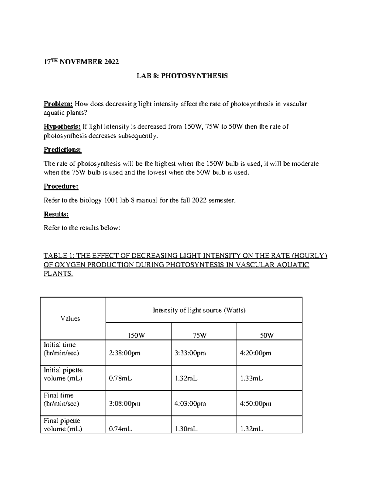 Lab 8 write up - 17 TH NOVEMBER 2022 LAB 8: PHOTOSYNTHESIS Problem: How does decreasing light ...