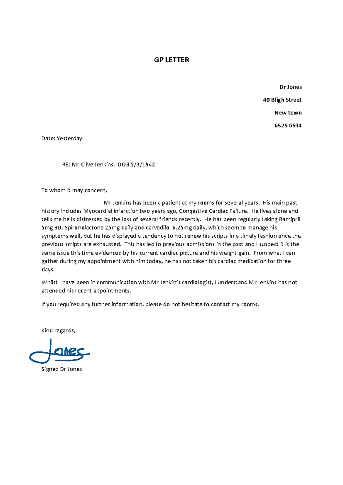 CXA240 Clive Jenkins GP Letter - GP LETTER Dr Jones 49 Bligh Street New ...