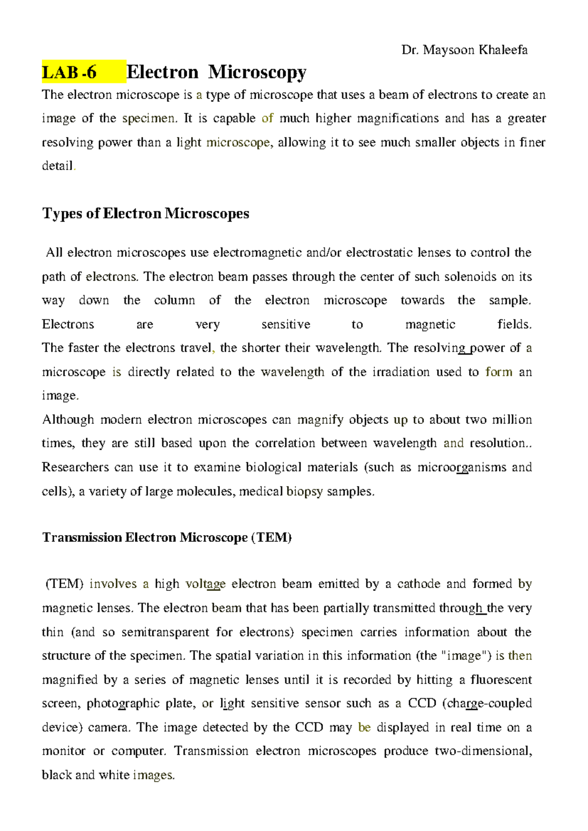 Electron Microscopy - Dr. Maysoon Khaleefa LAB - 6 Electron Microscopy ...