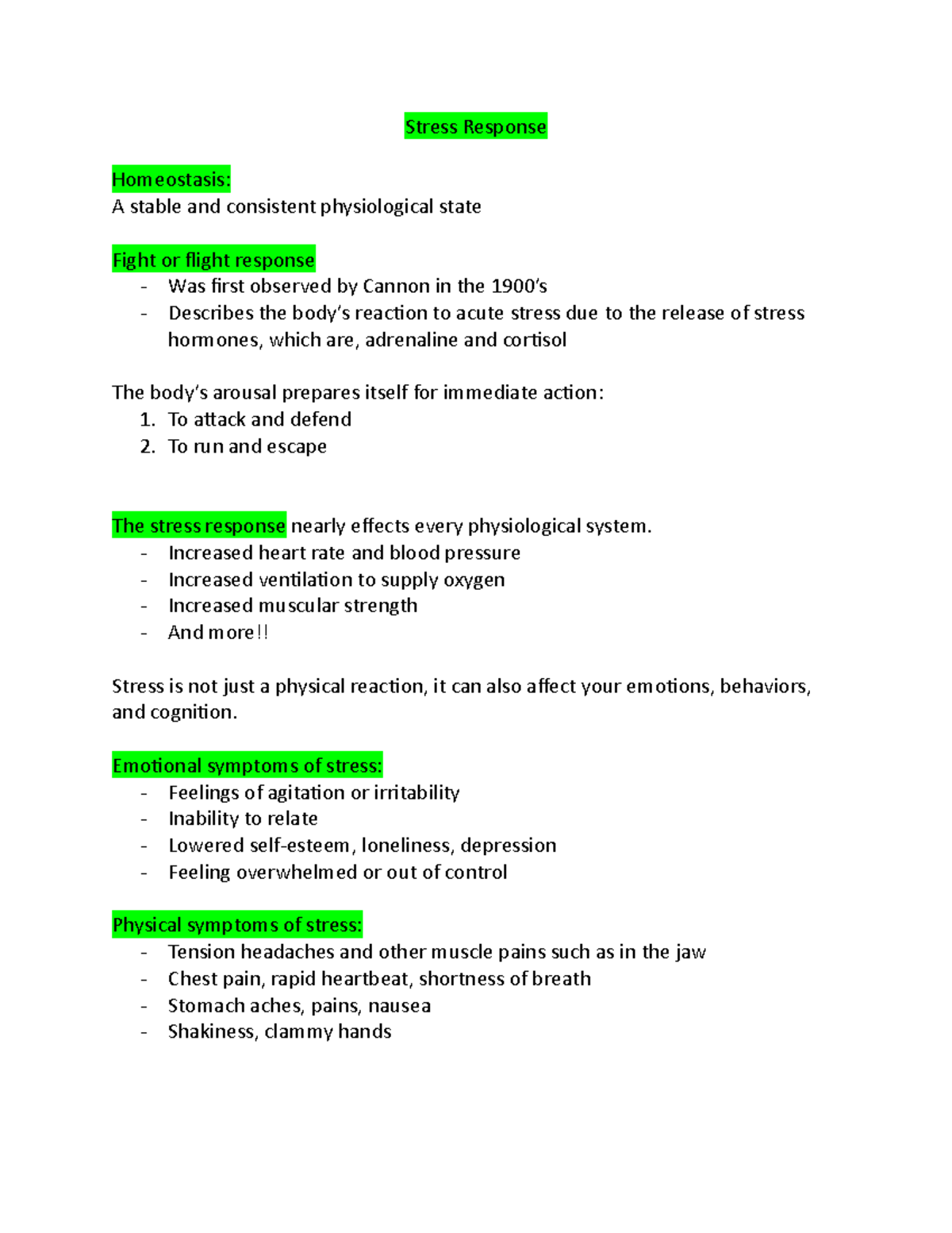 Stress Response Lecture Notes - Stress Response Homeostasis: A stable ...