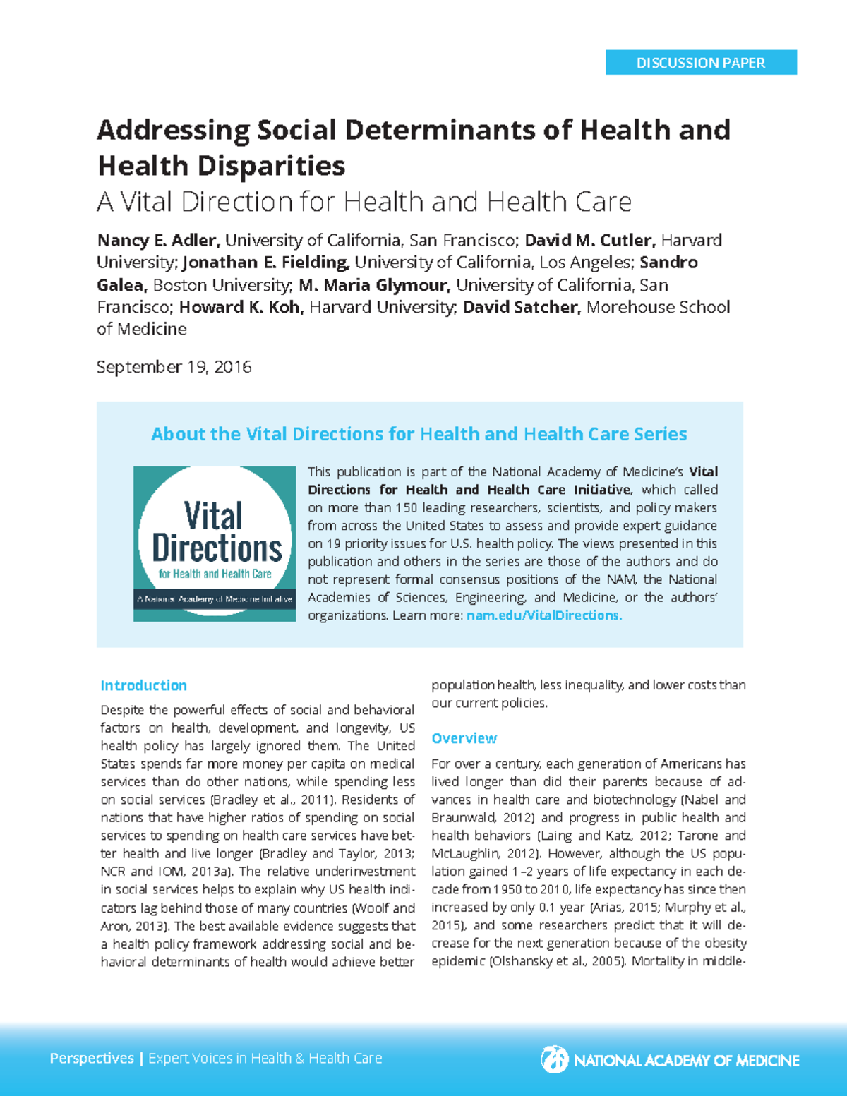 Addressing Social Determinants of Health and Health Disparities - Adler ...