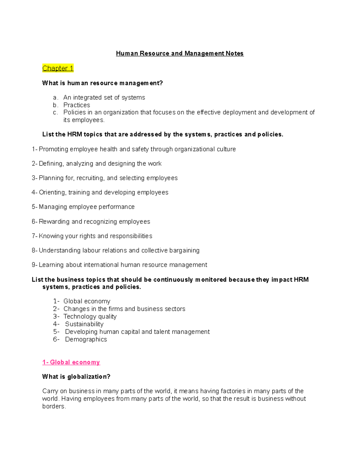 HRM notes - Human Resource and Management Notes Chapter 1 What is human ...