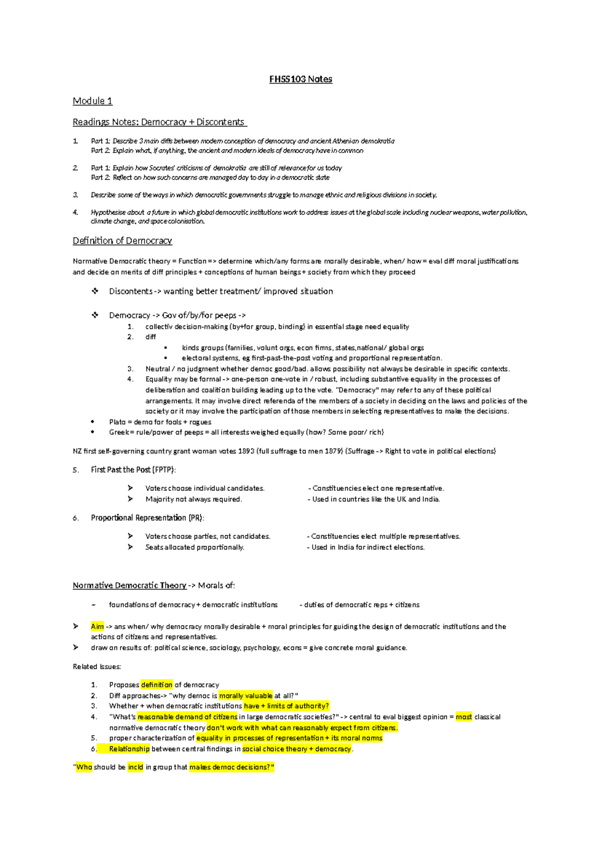 Module 1 Notes - FHSS103 Notes Module 1 Readings Notes: Democracy ...