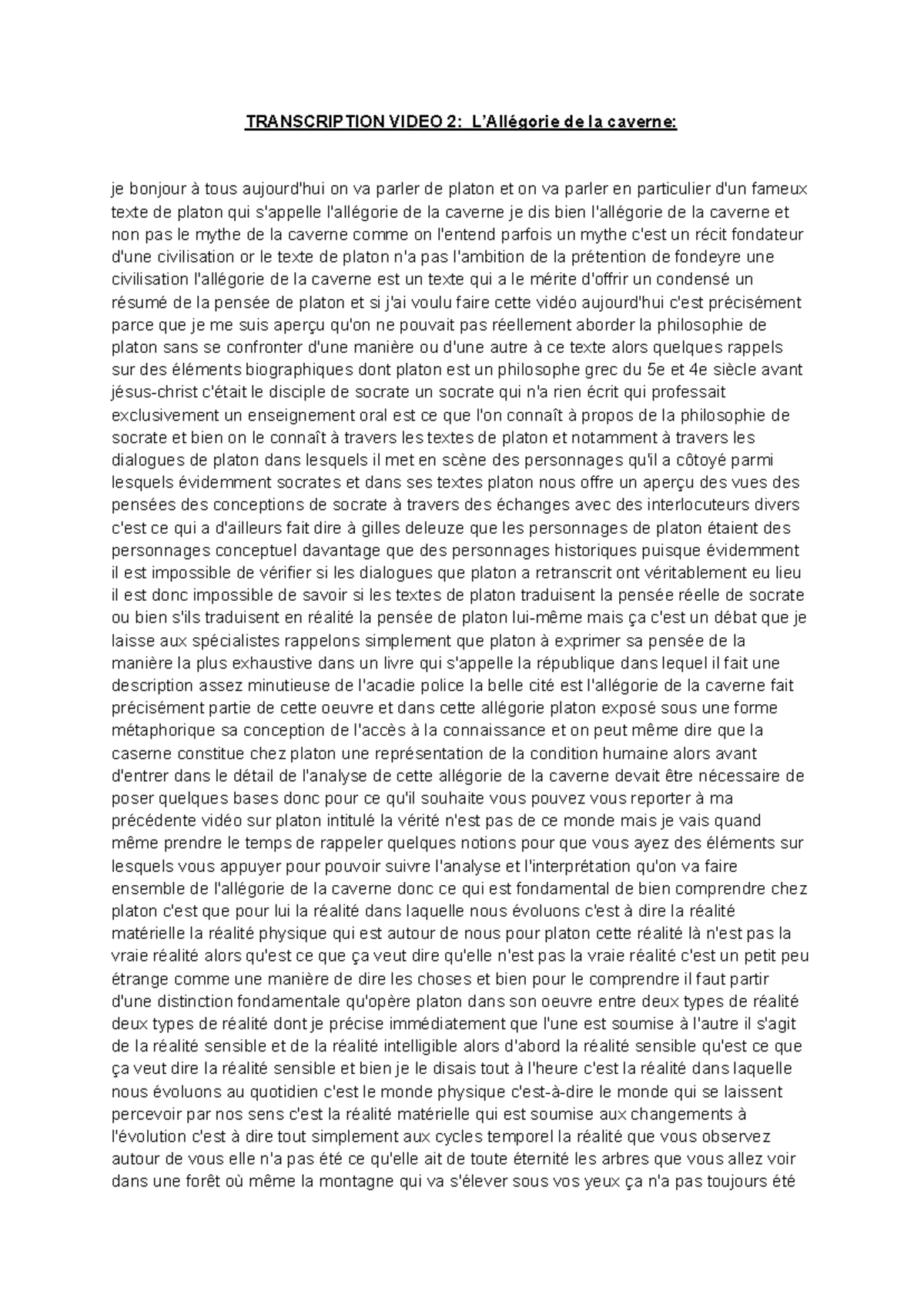 L'allégorie de la caverne - Studocu