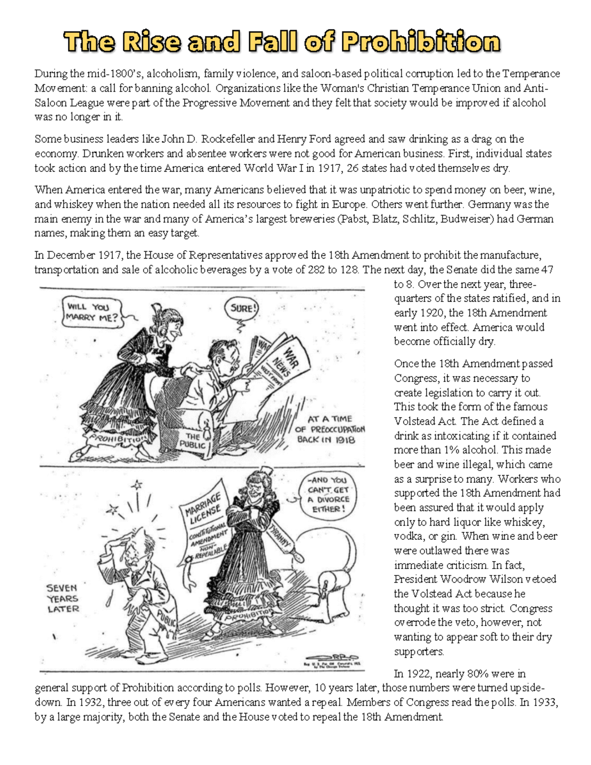 04 - Prohibition Document Analysis Lesson - During the mid-1800’s ...