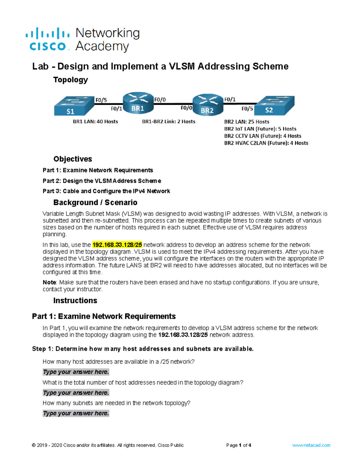 Week 2 Lab.2 - Design and Implement a VLSM Addressing Scheme - Topology Objectives Part 1 ...