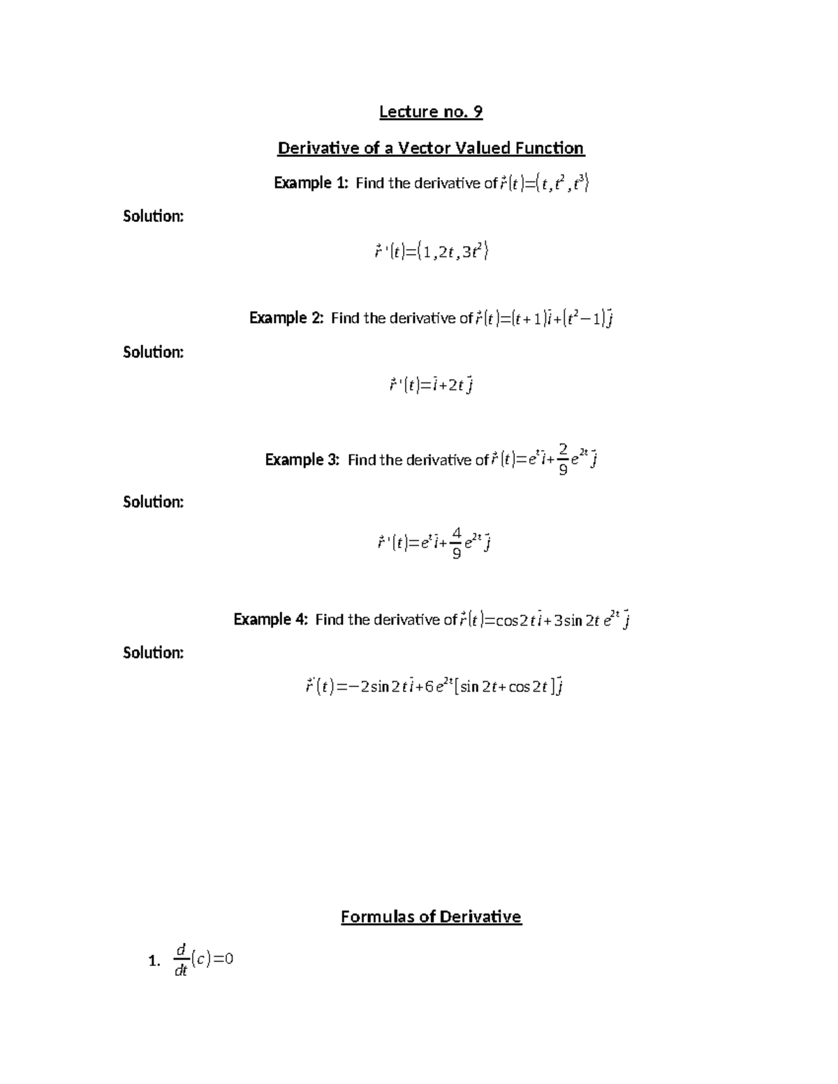 Lec 9 Derivative Of Vector Valued Function Lecture No 9 Derivative Of A Vector Valued