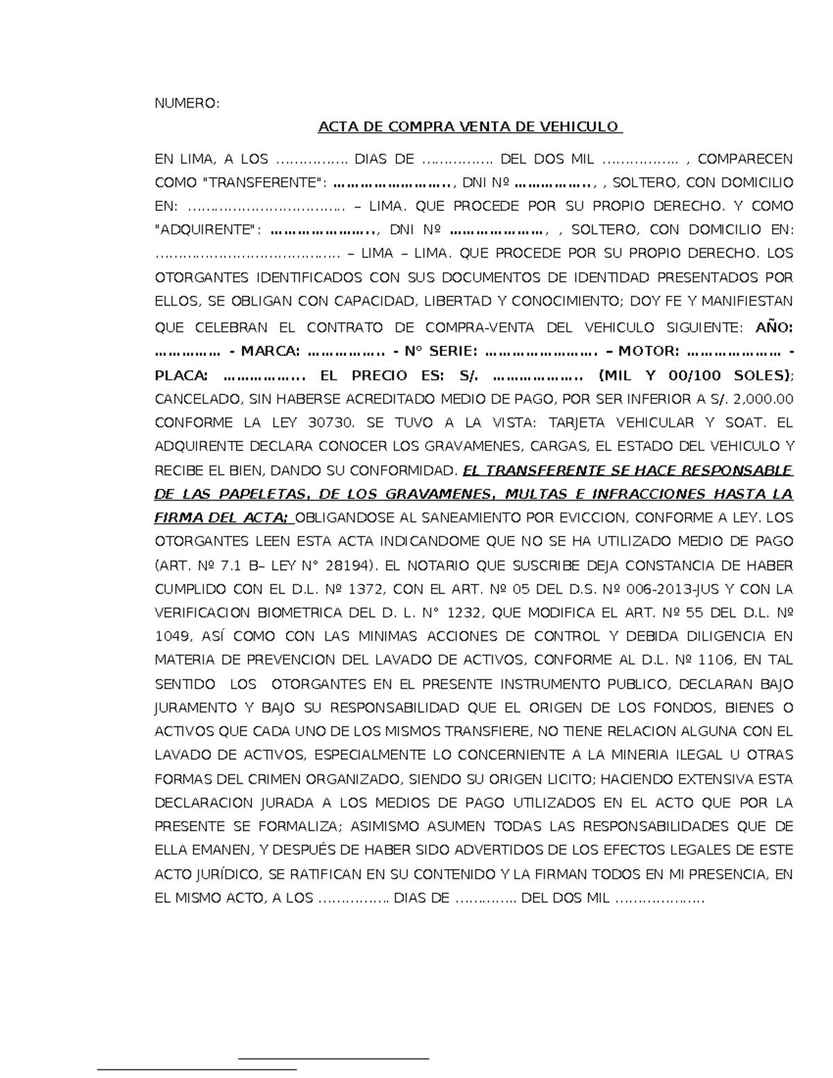 Modelo Compra Venta Vehiculo - NUMERO: ACTA DE COMPRA VENTA DE VEHICULO EN LIMA, A LOS - Studocu