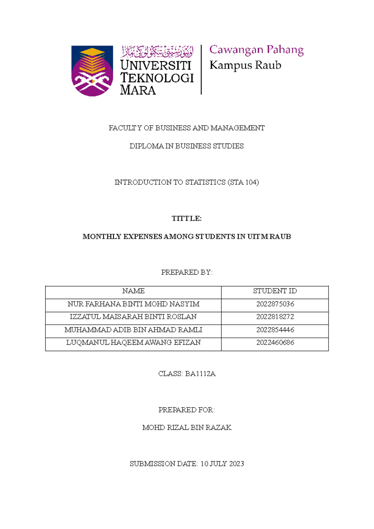 Assignment STA 104 - FACULTY OF BUSINESS AND MANAGEMENT DIPLOMA IN ...
