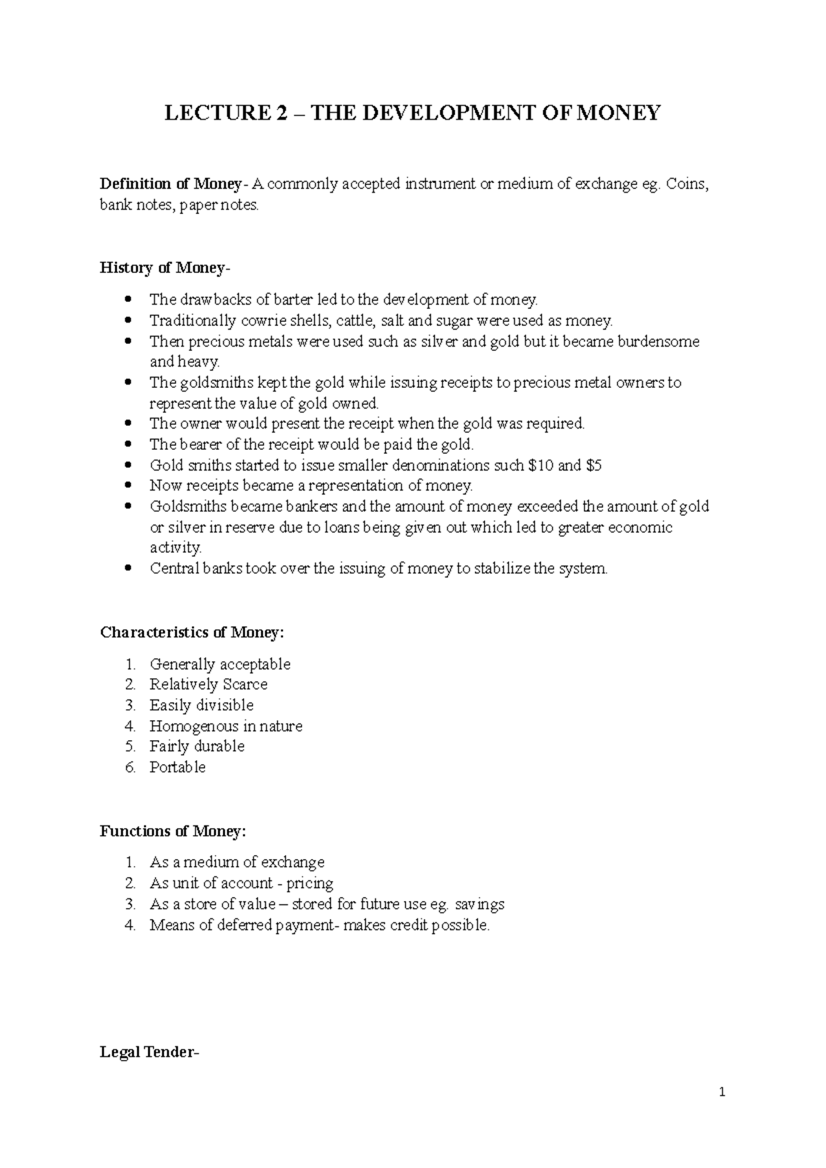 Lecture-2 - THE DEVELOPMENT OF MONEY - LECTURE 2 – THE DEVELOPMENT OF ...