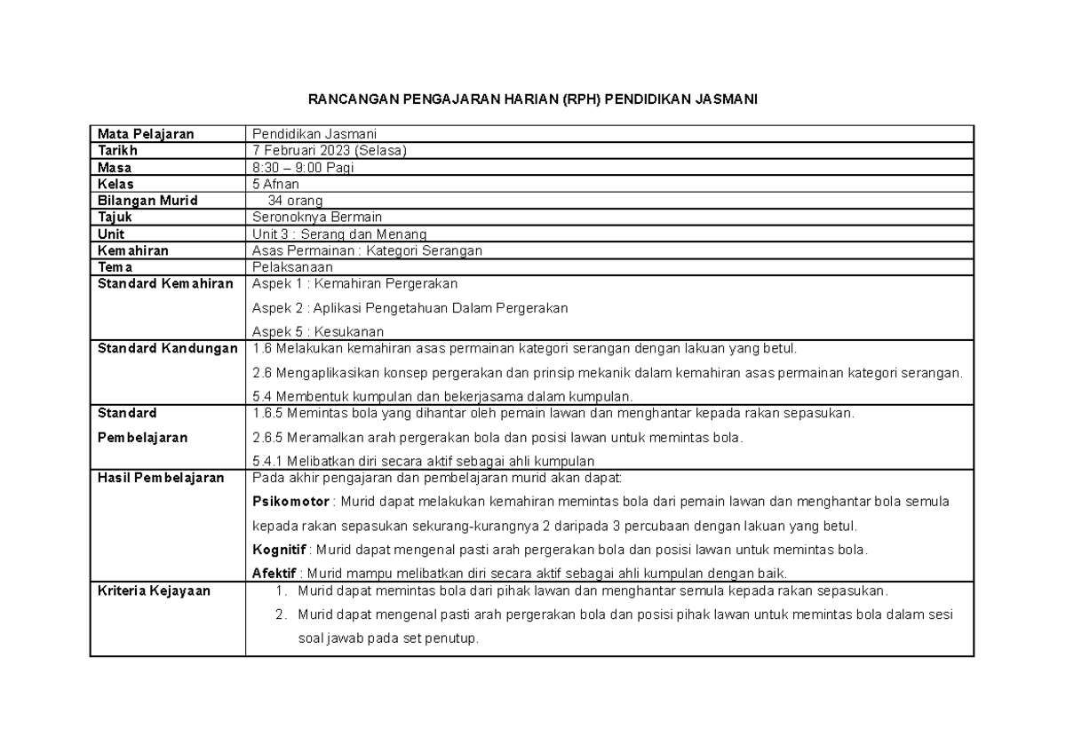 RPH PJ TAHUN 5 2022/2023 - RANCANGAN PENGAJARAN HARIAN (RPH) PENDIDIKAN JASMANI Mata Pelajaran ...