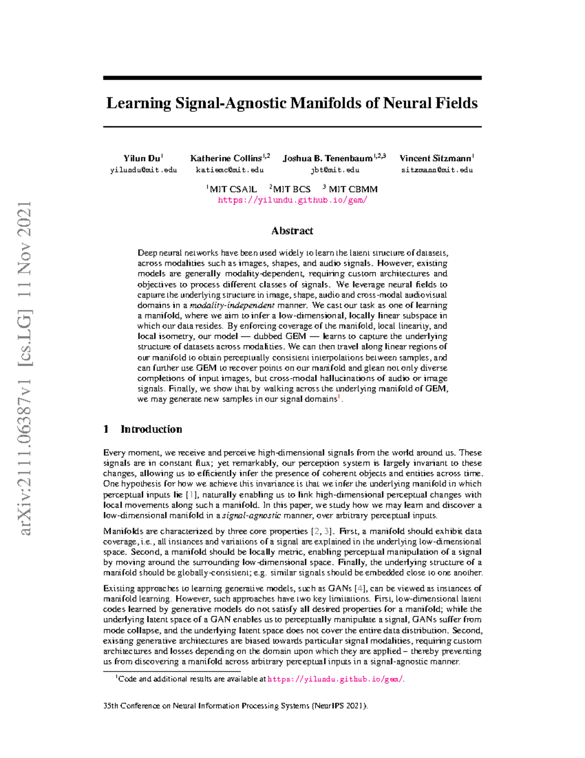 Learning Signal-Agnostic Manifolds of Neural Fields - Tenenbaum1,2, jbt@mit Vincent Sitzmann 1 ...