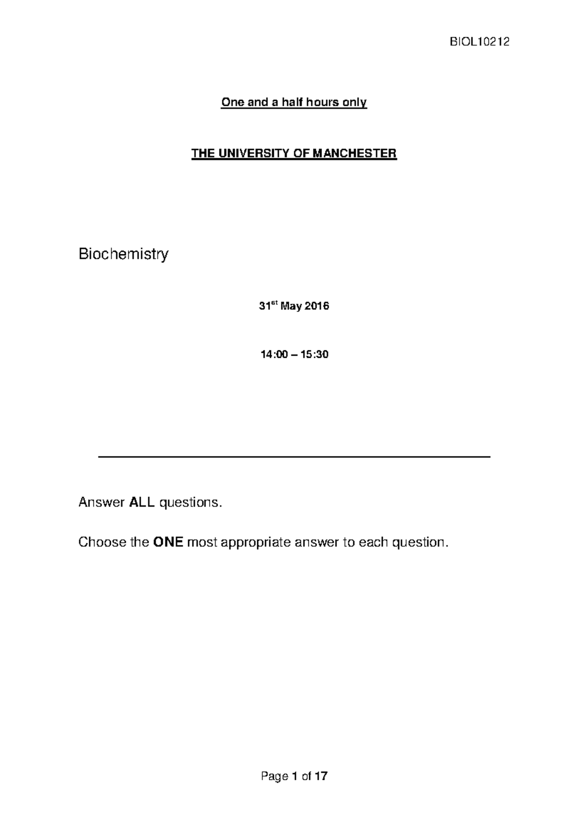 Biochem 2016 (ANSWER) - One and a half hours only THE UNIVERSITY OF ...