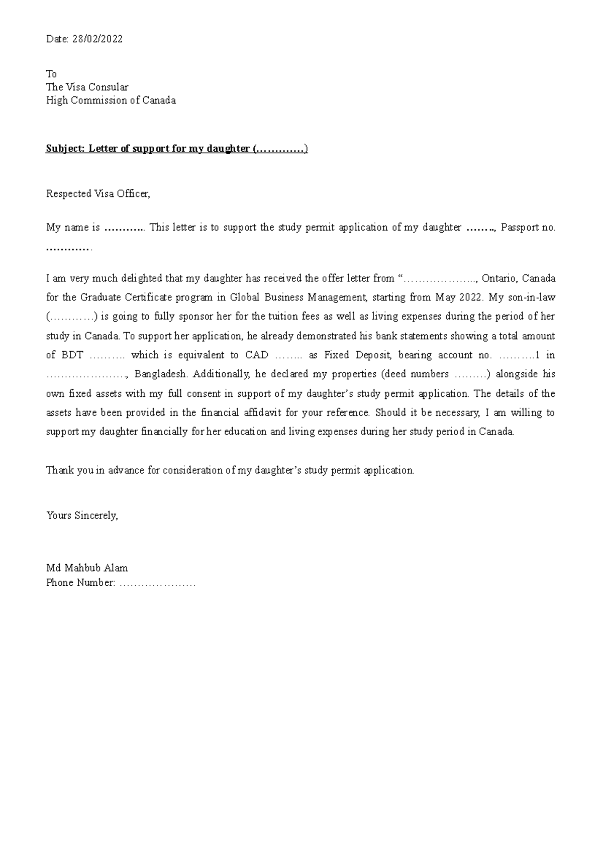 Supporting Letter for Temporary entry - Date: 28/02/ To The Visa ...