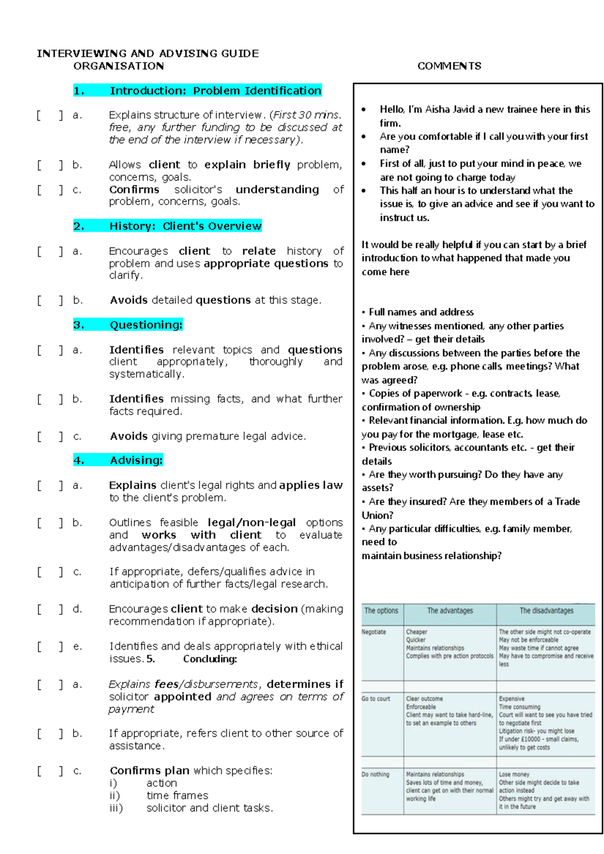 Int & Adv Guide - INTERVIEWING AND ADVISING GUIDE ORGANISATION COMMENTS ...
