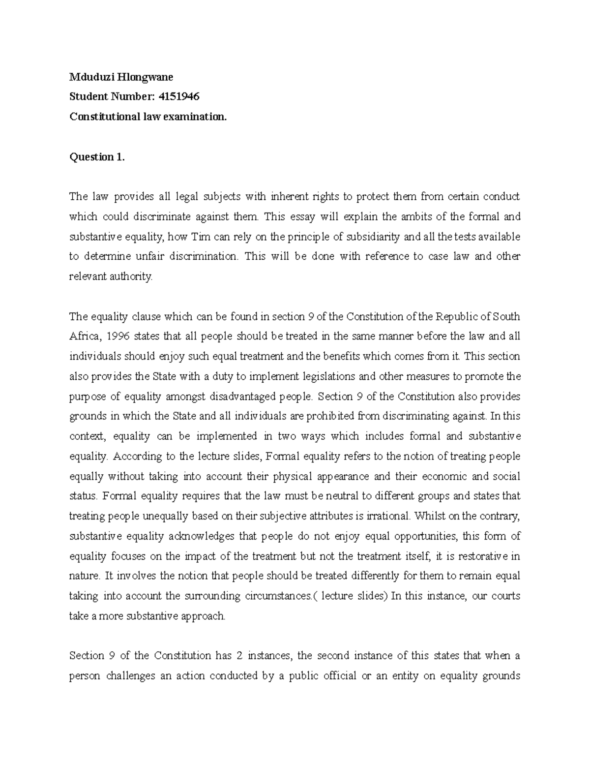 CON exam essays - Con notes - Mduduzi Hlongwane Student Number: 4151946 ...