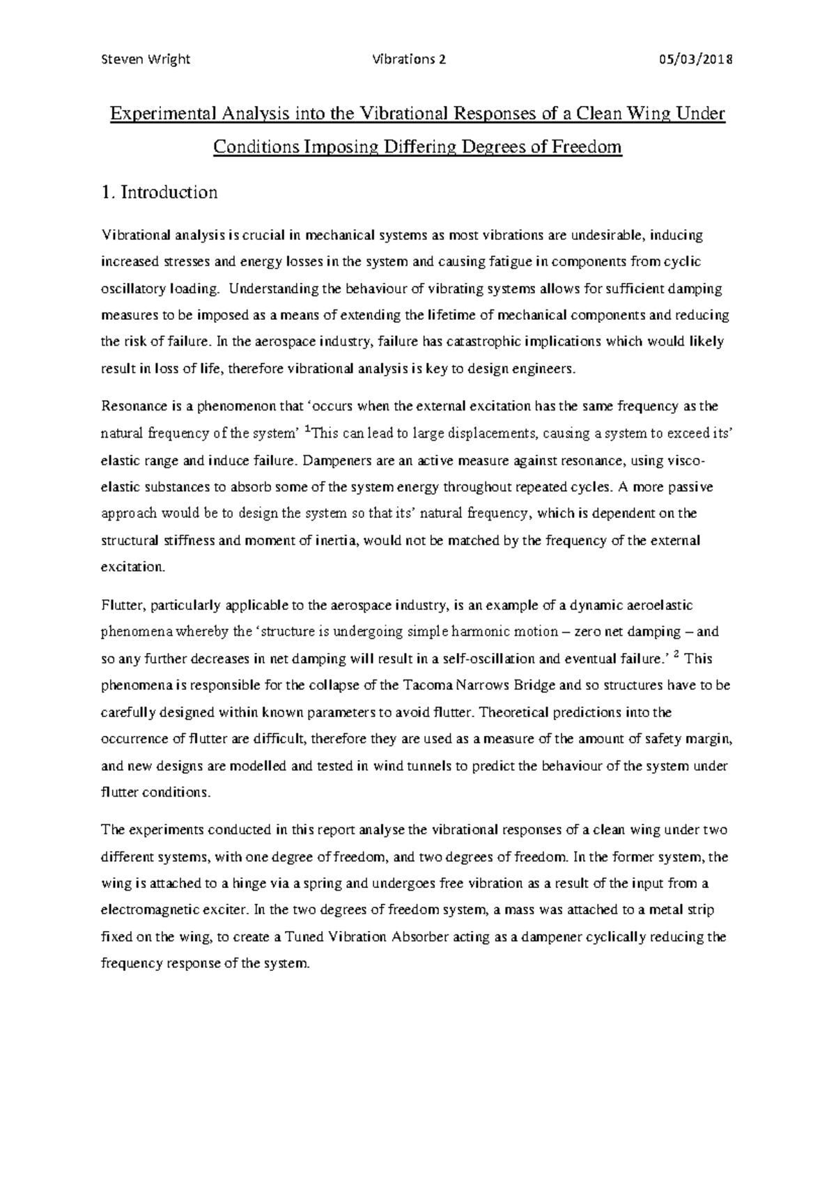 Experimental Analysis into the Vibrational Responses of a Clean Wing ...