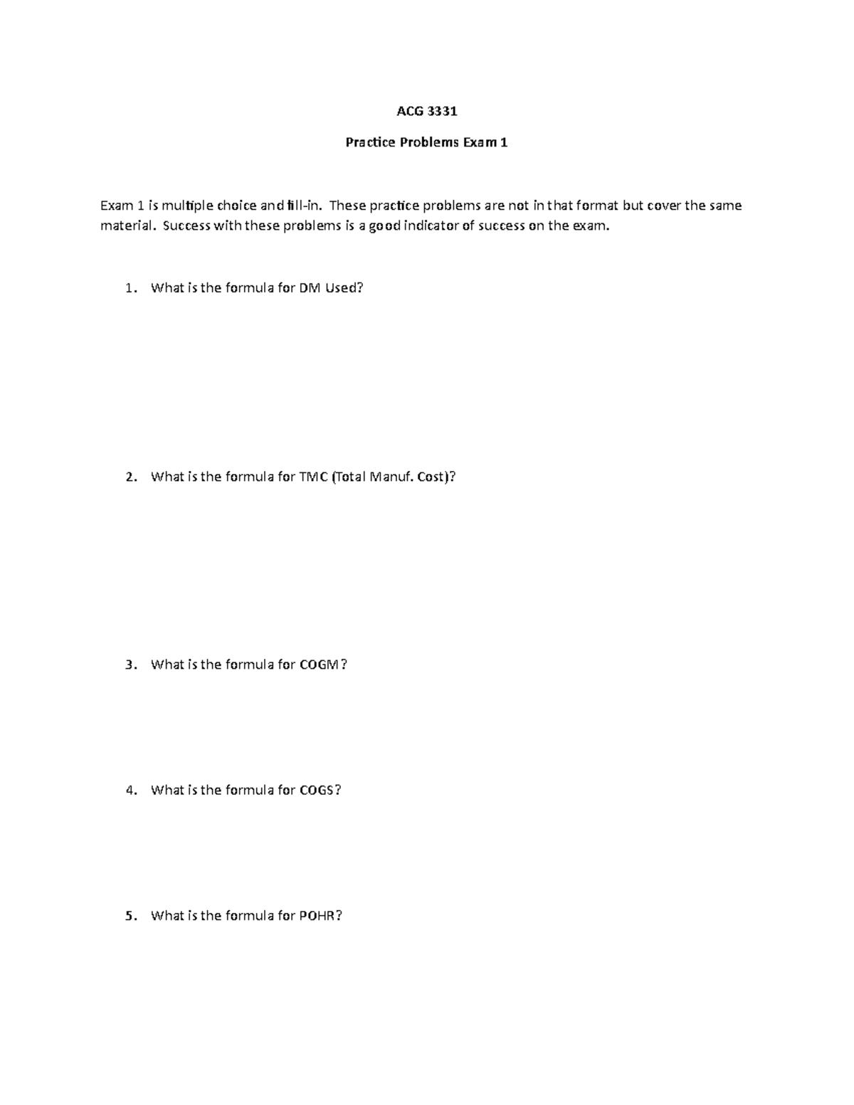Practice MT1 - ACG 3331 Practice Problems Exam 1 Exam 1 is multiple ...