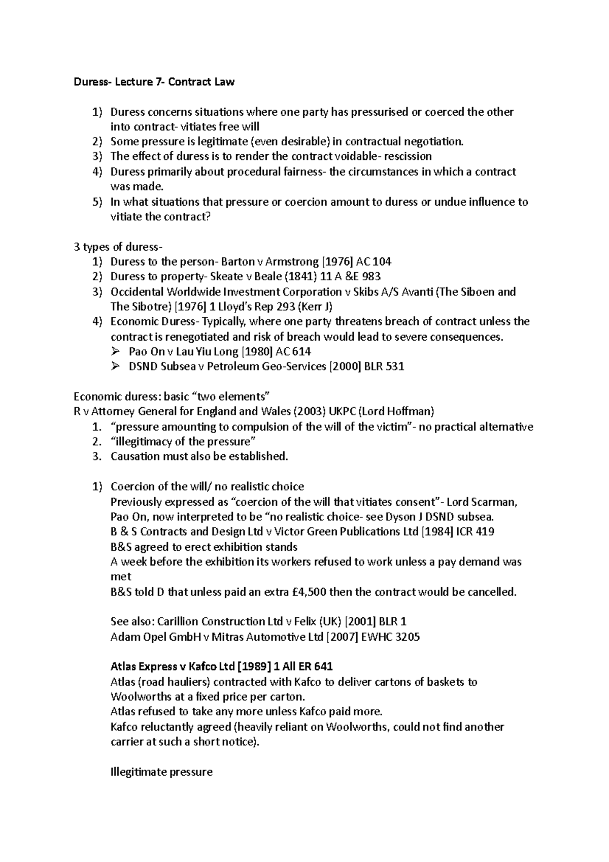 Contract Law- Lecture 7 Duress Notes - Duress- Lecture 7- Contract Law ...