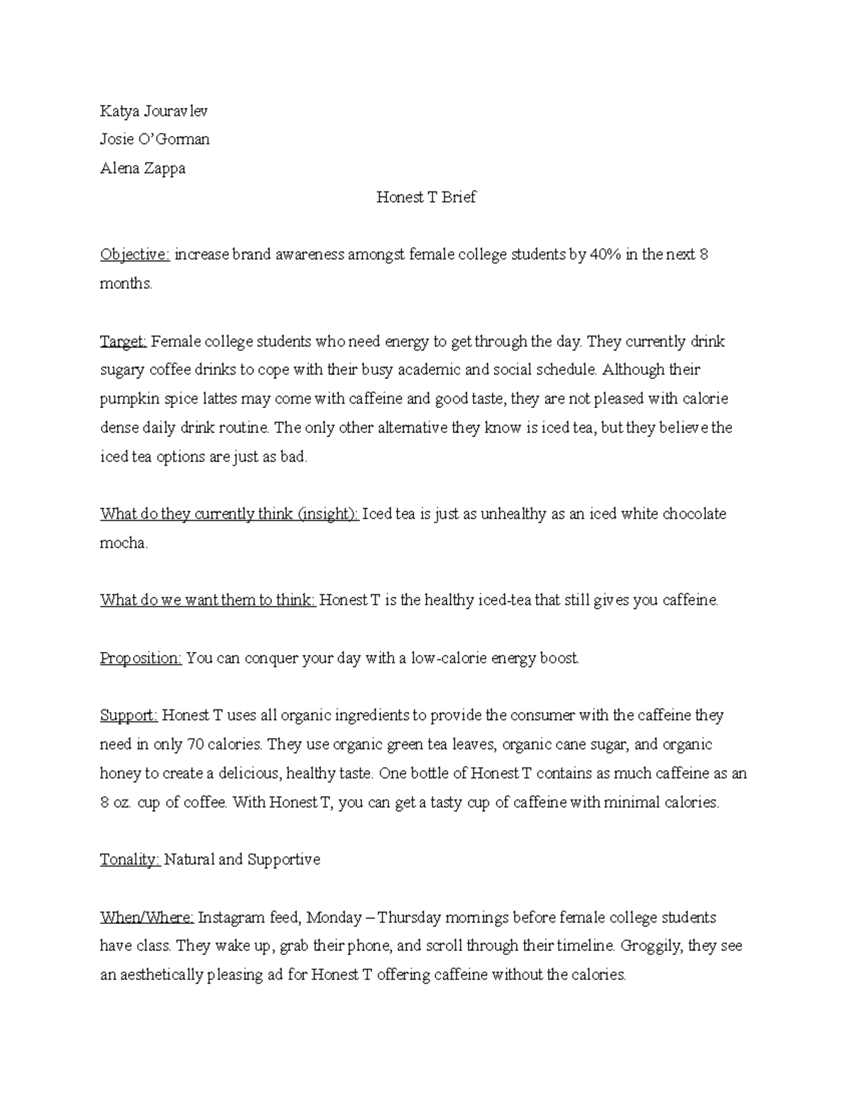 Honest T brief - Katya Jouravlev Josie O’Gorman Alena Zappa Honest T ...