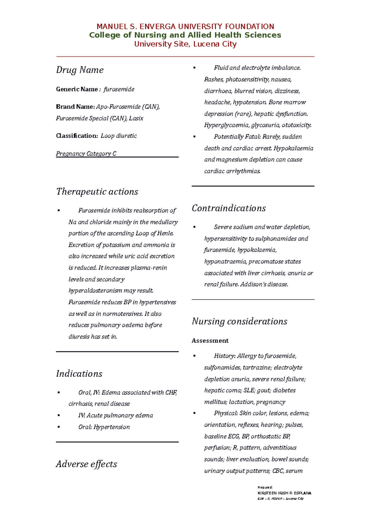Furosemide - DRUG Study - MANUEL S. ENVERGA UNIVERSITY FOUNDATION ...