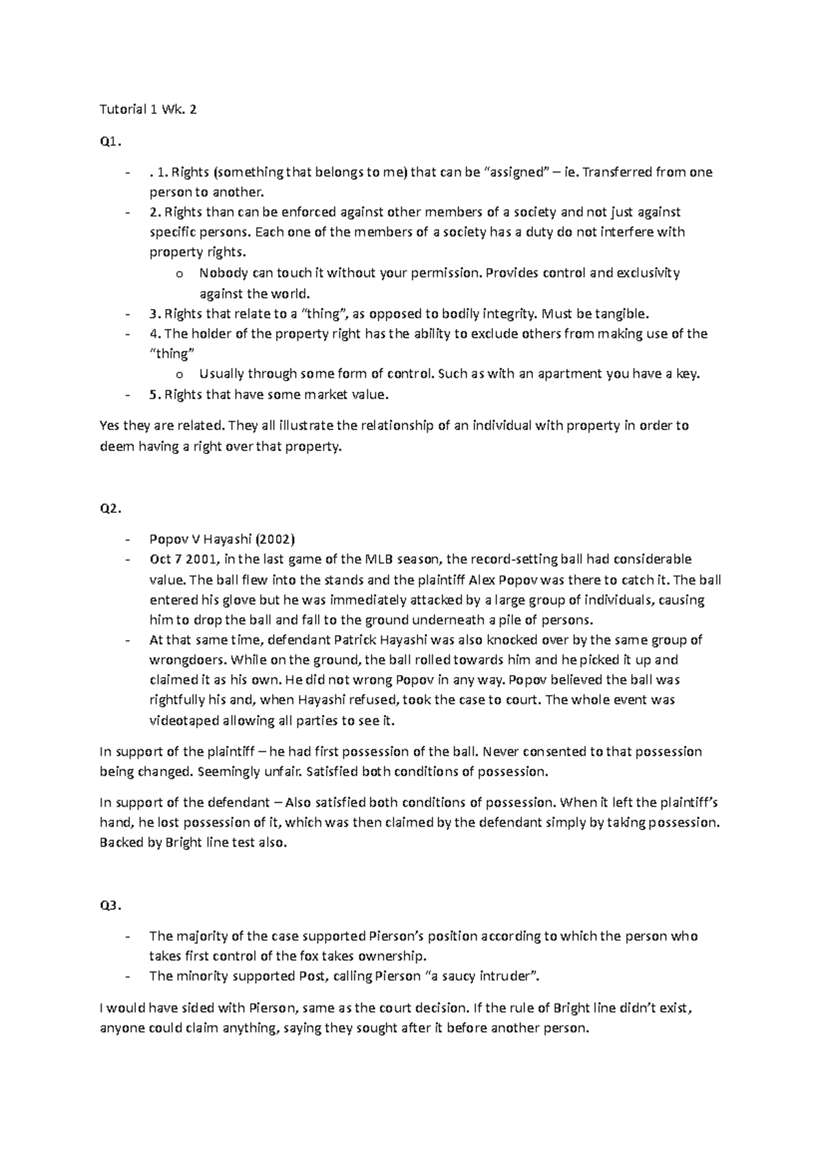 2207 - Tutorial 1 wk 2 - tut work for first week - Tutorial 1 Wk. 2 Q1. -. 1. Rights (something ...