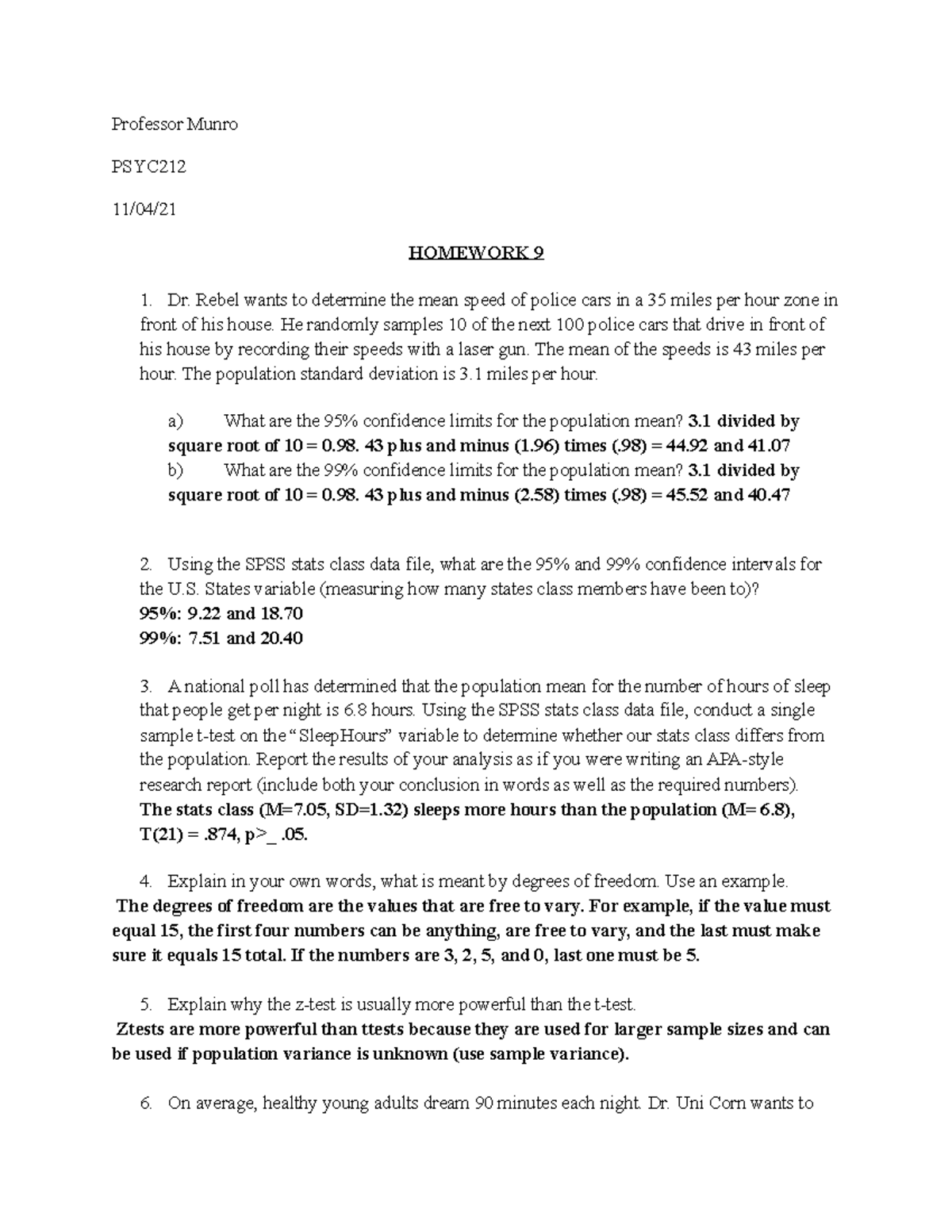 Behavioral Stats Hw 9 Weekly Homework With Professor Munro Professor Munro Psyc 11 04