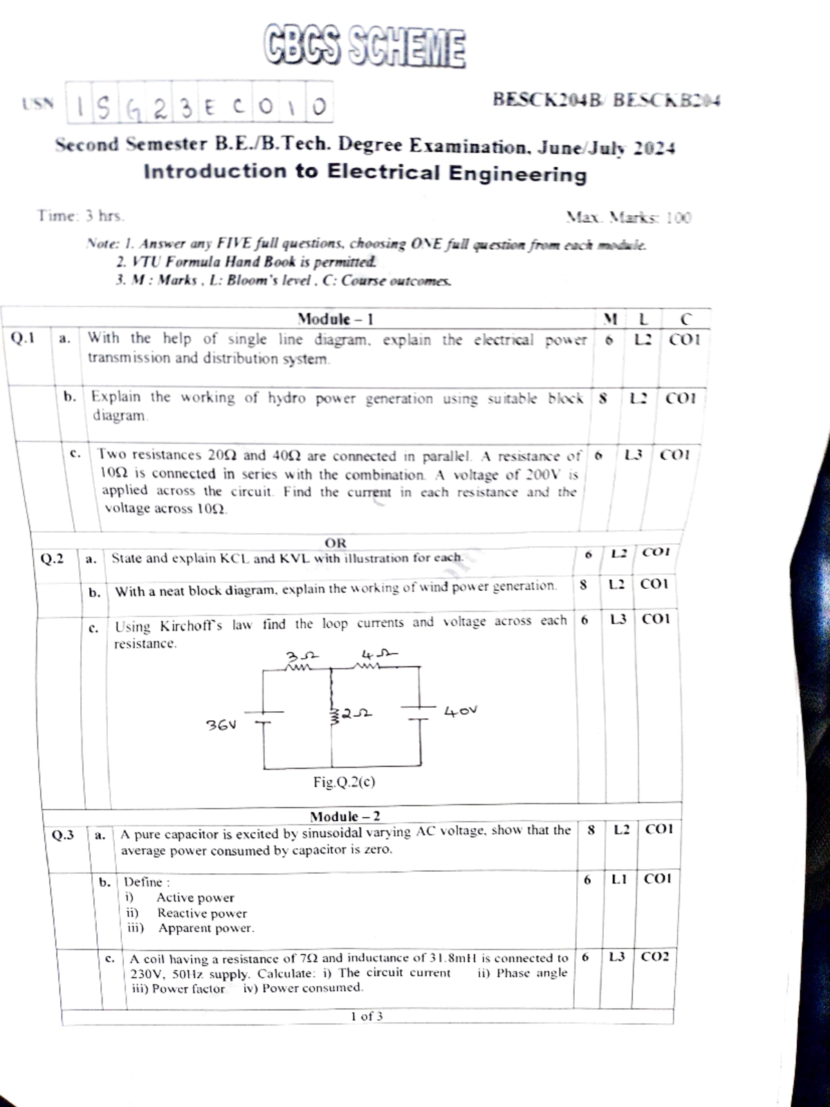 Vtu question paper - GBGS SEEME USN BESCK204B BESCKB S G 23E C Second Semester B.E./B. Degree ...
