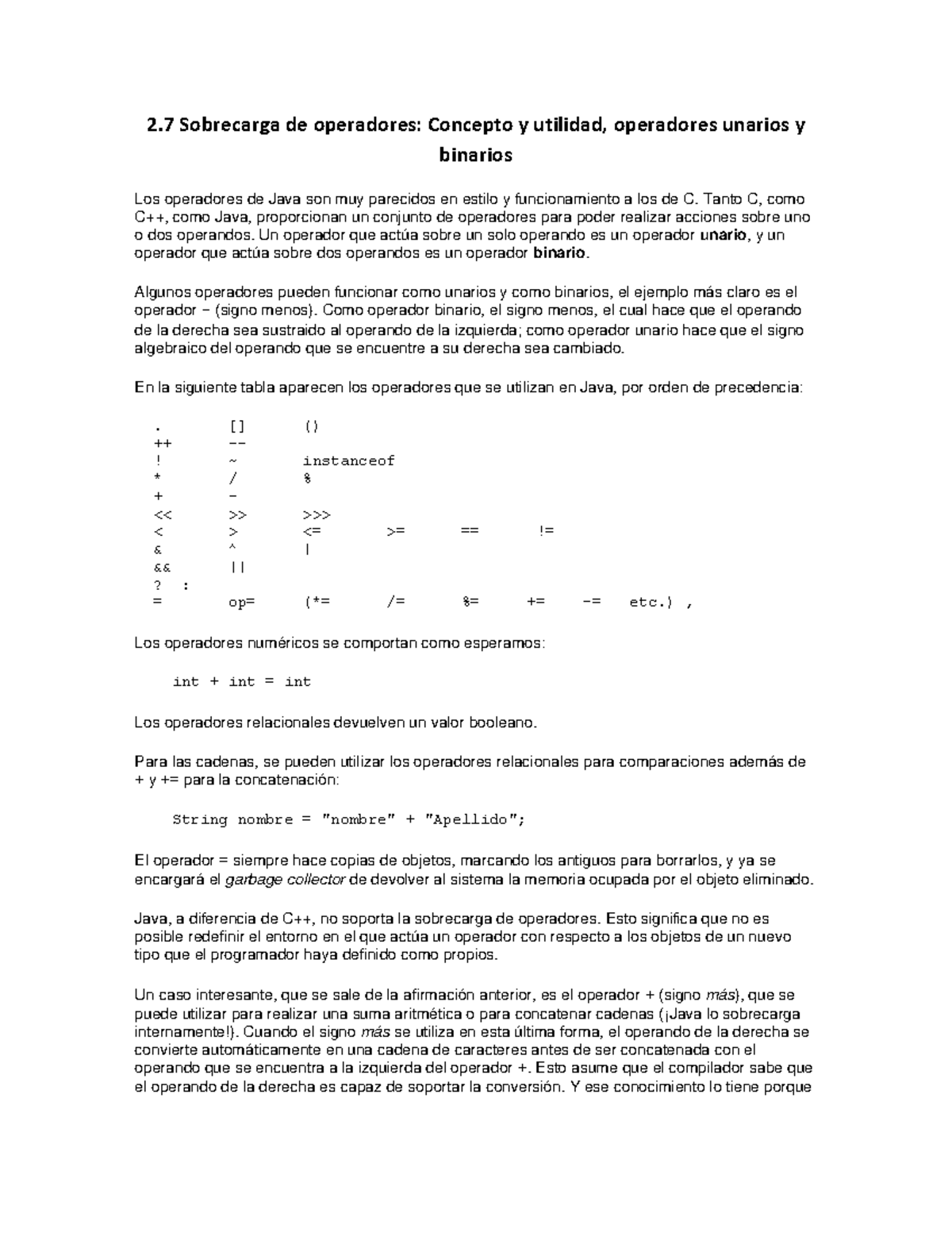 2.7 Sobrecarga de operadores Concepto y utilidad, operadores unarios y ...