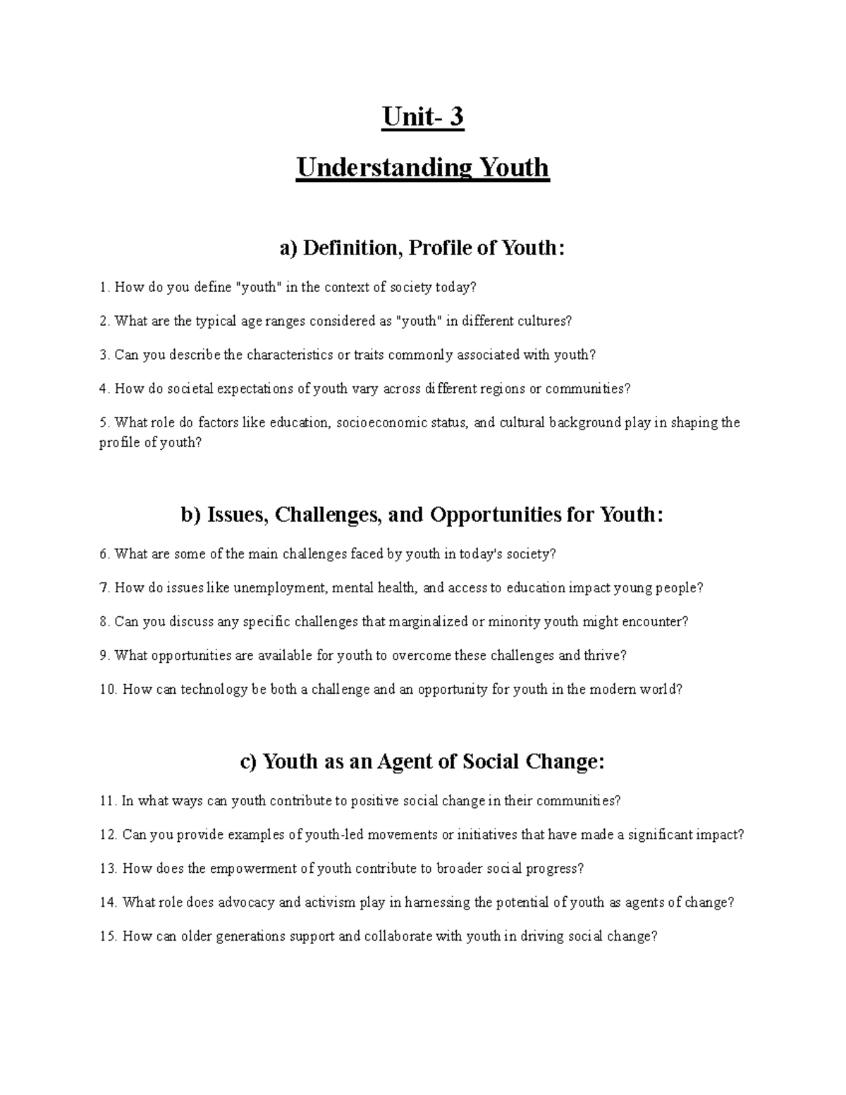Model Questions on Understanding Youth - Unit- 3 Understanding Youth a ...